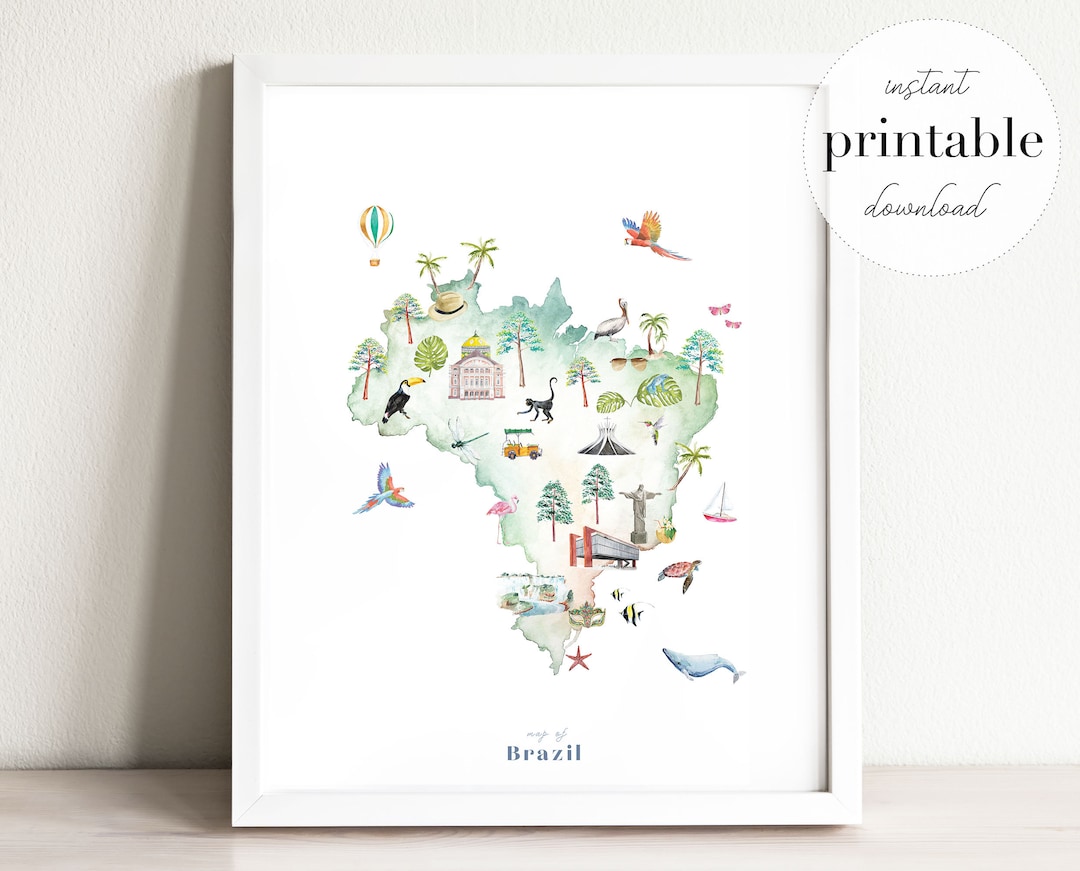 Brazil Illustrated Map Printable, Wall Art Print, Nursery Decor ...