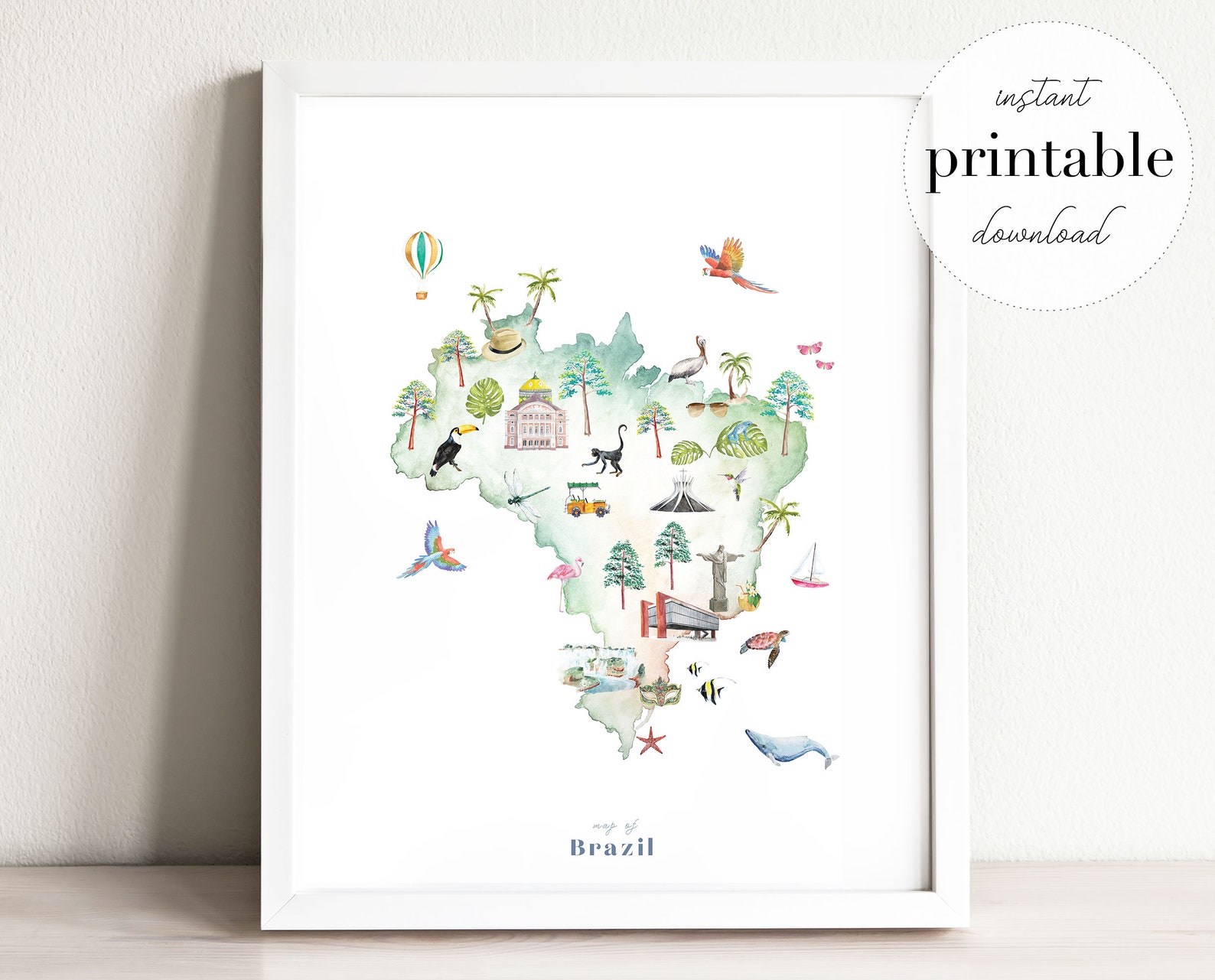Brazil Illustrated Map Printable Wall Art Print Nursery - Etsy