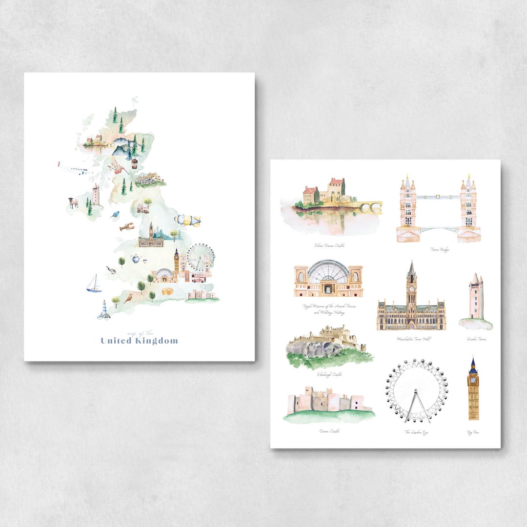 United Kingdom Map & Landmark Art Print Set, Watercolor Nursery Decor ...
