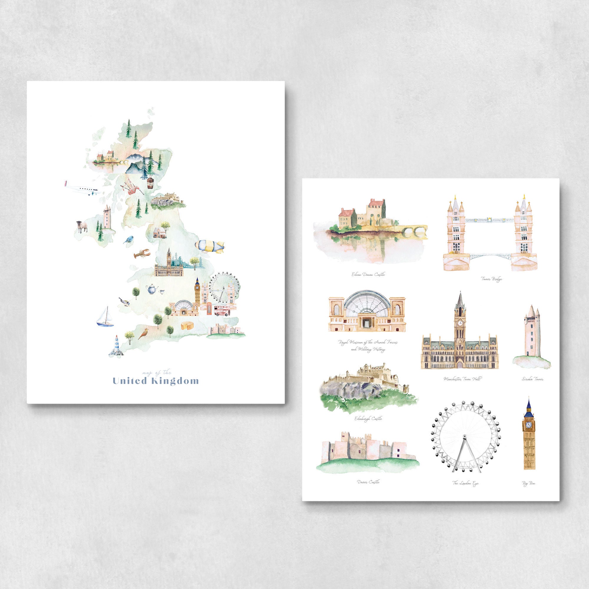 United Kingdom Map & Landmark Art Print Set watercolor | Etsy