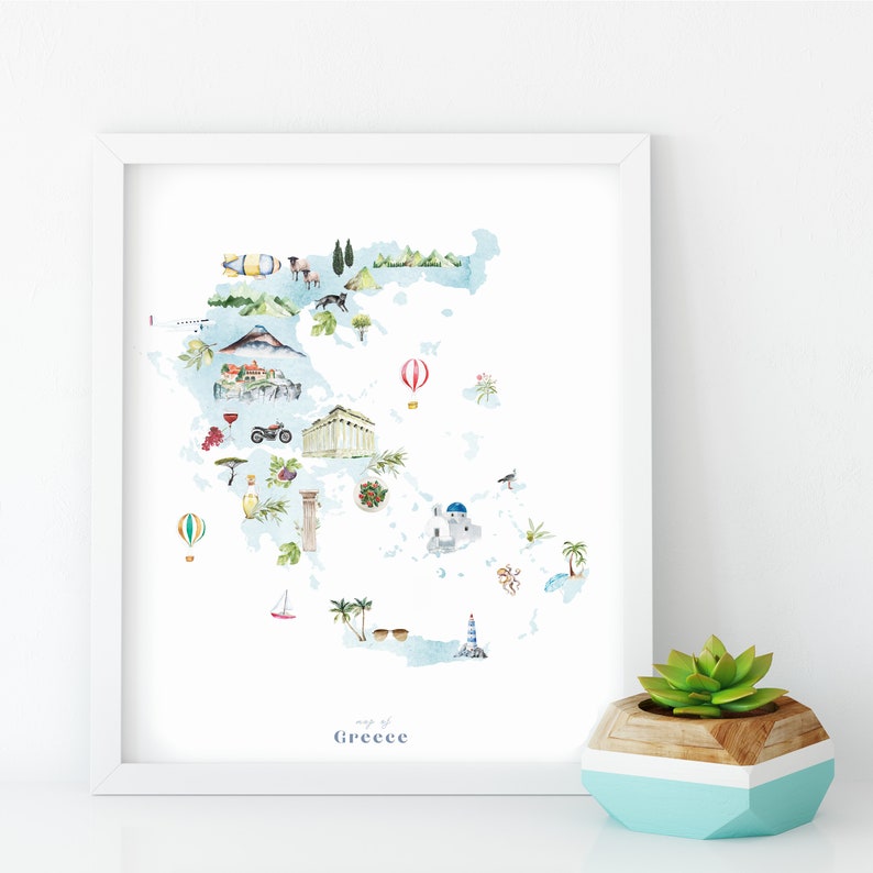 Greece Map Art Print Illustrated watercolor nursery decor | Etsy