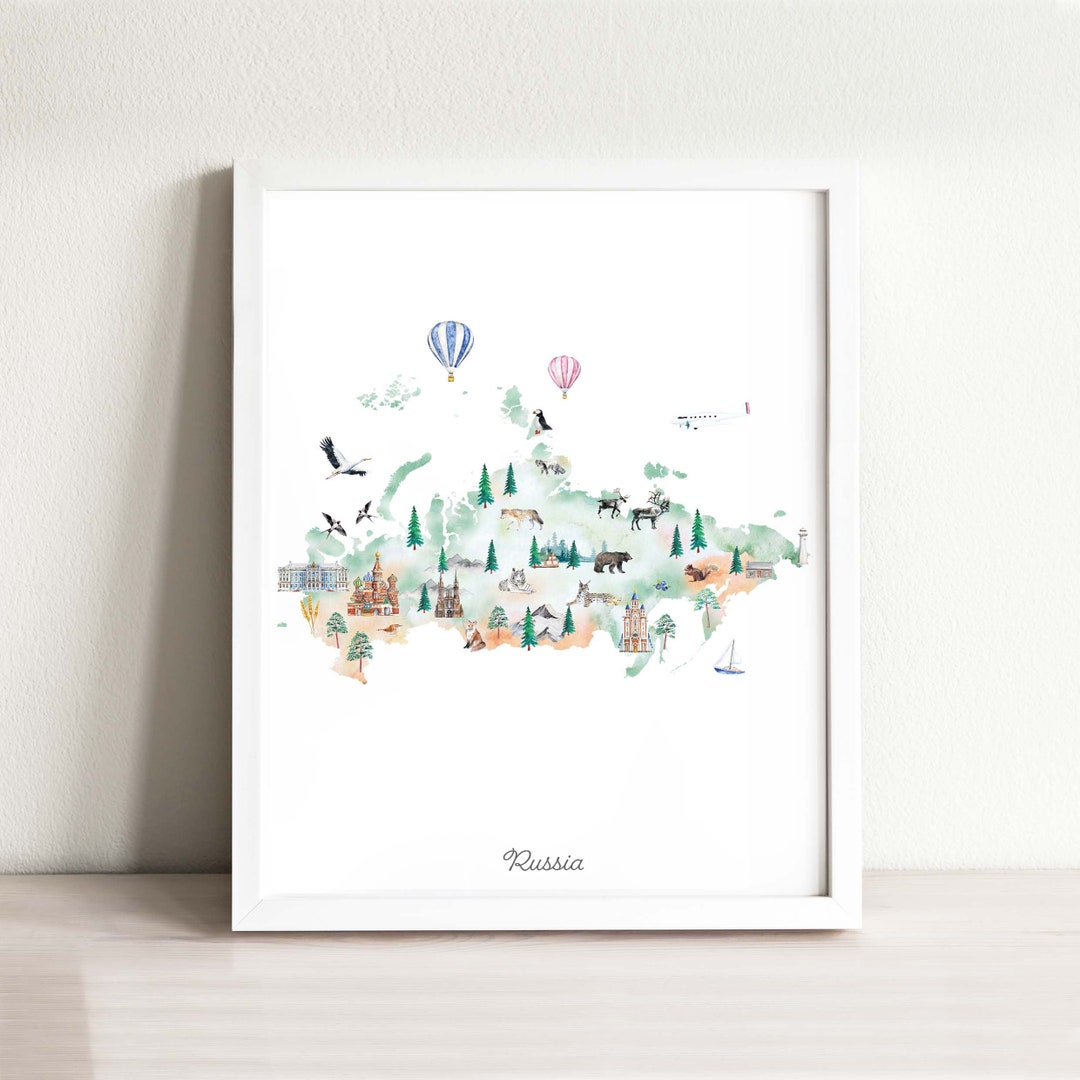 Russia Map Illustrated Art Print | Home Decor Travel Poster | Nursery ...