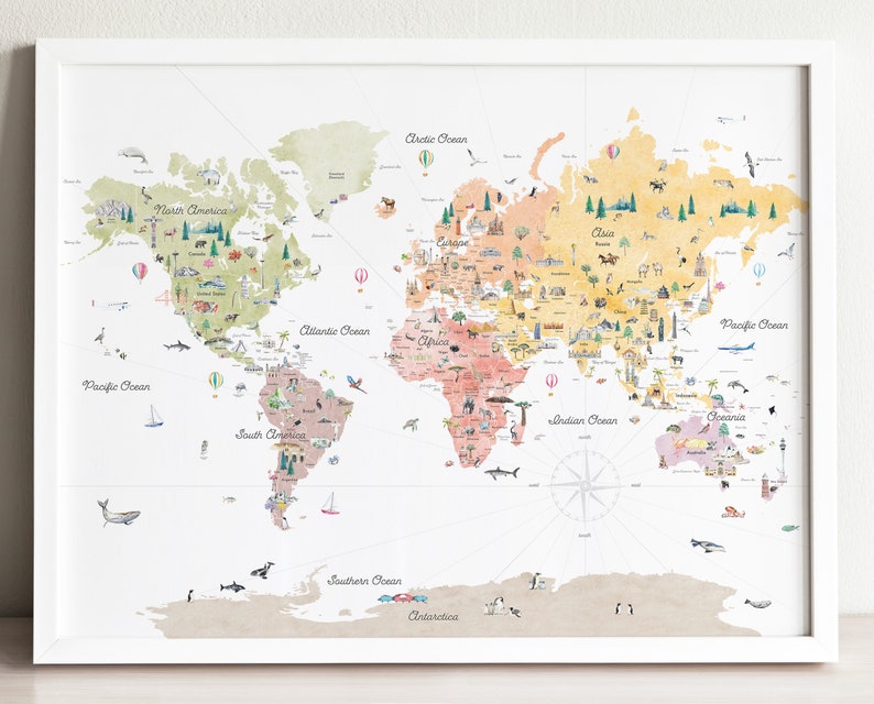 Earth Tones Educational World Map Boho Kids Wall Art Kids - Etsy