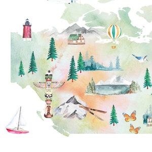 Canada Map Print: Watercolor Landmarks, Animals Art (digital Download ...