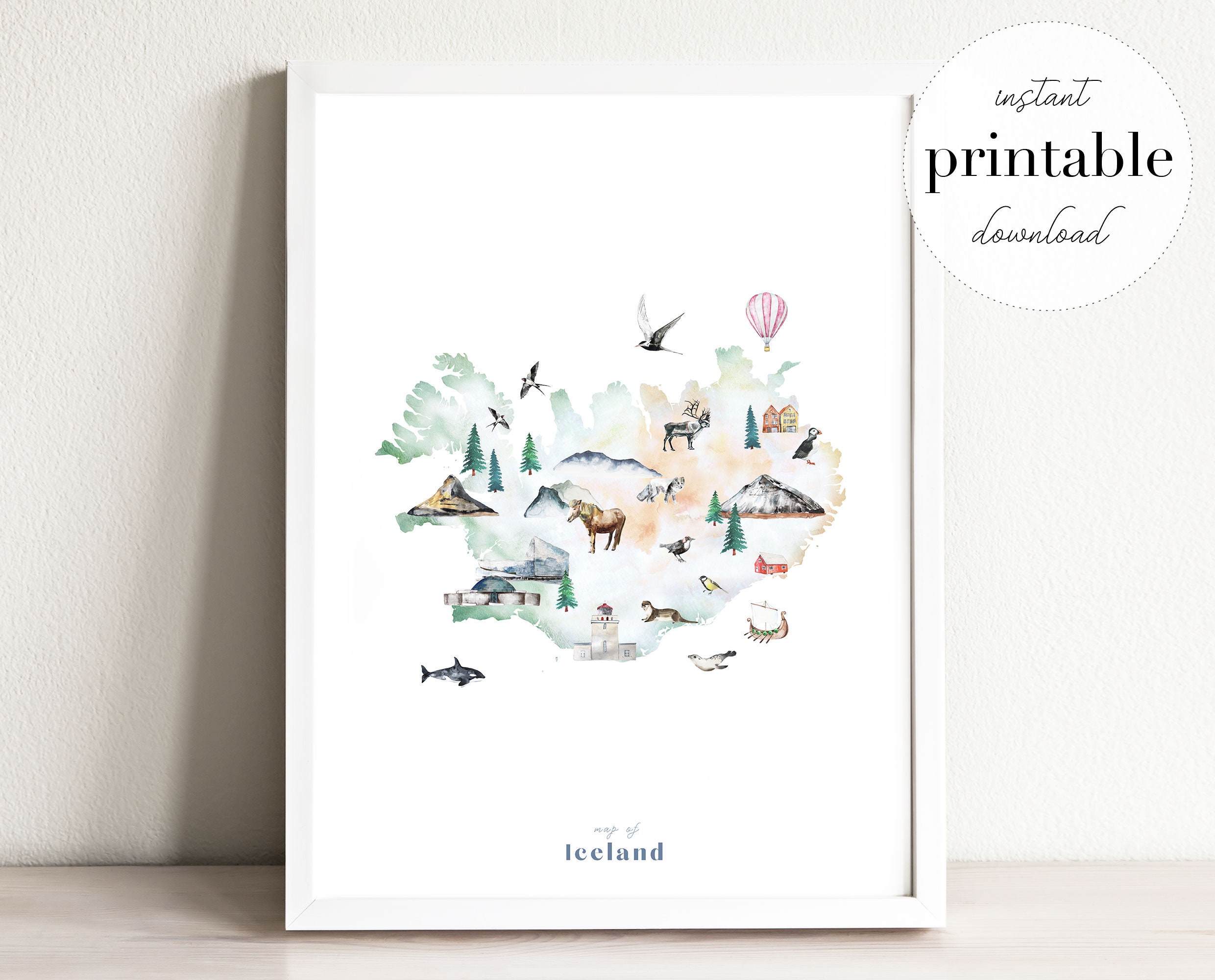 Iceland Illustrated Map Printable wall art print nursery | Etsy