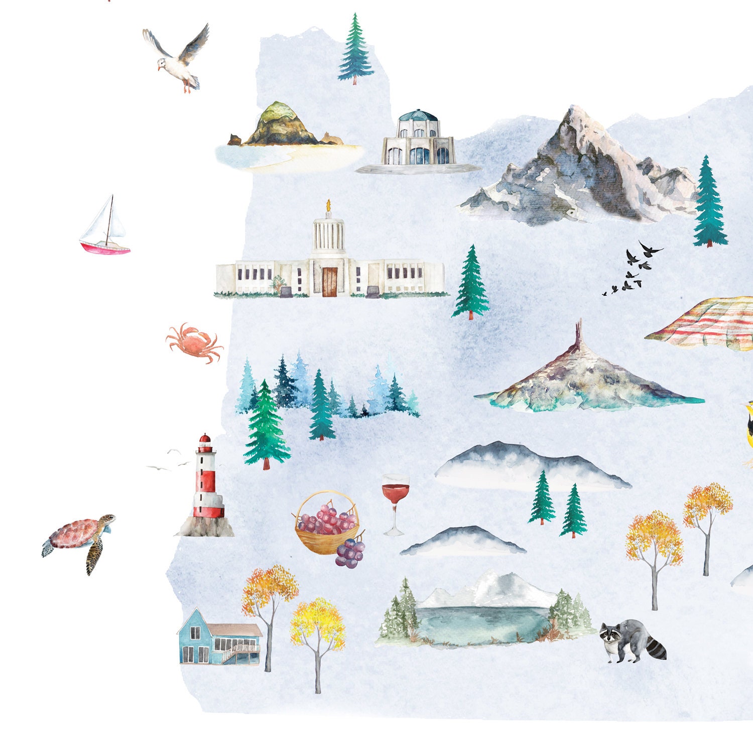 Oregon Illustrated State Map Wall Art Print Nursery Decor | Etsy