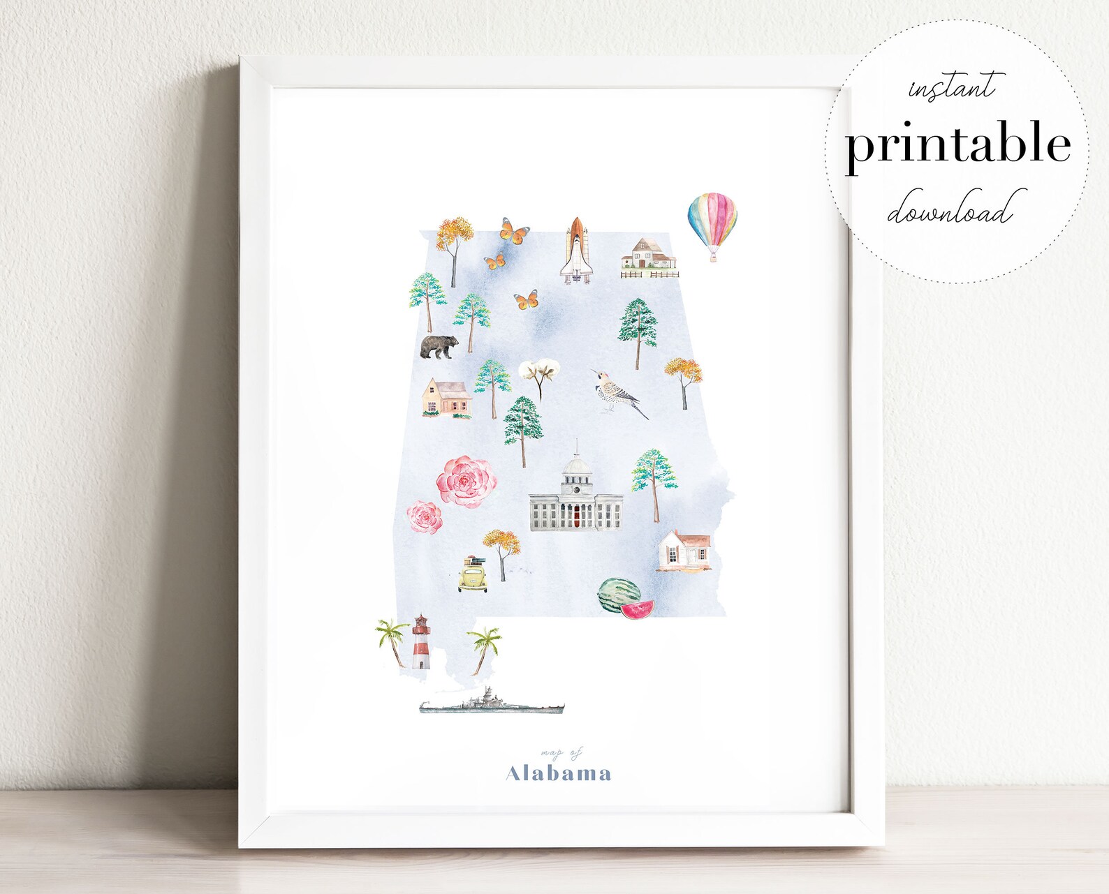 Alabama Printable State Map Illustrated Wall Art Print | Etsy