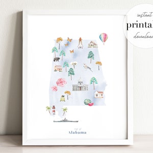 Alabama Printable State Map Illustrated Wall Art Print - Etsy