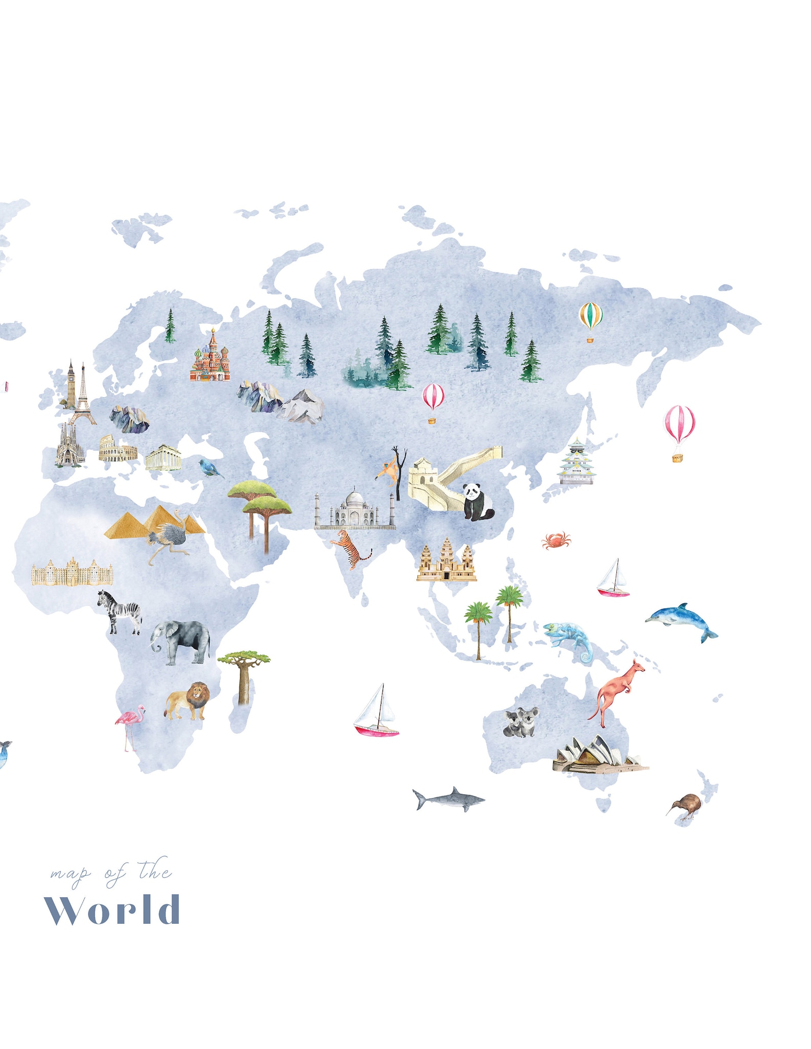 Illustrated World Map Printable Wall Art Print Nursery | Etsy