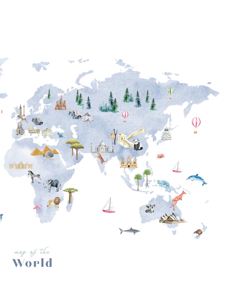 Illustrated World Map Printable Wall Art Print Nursery | Etsy