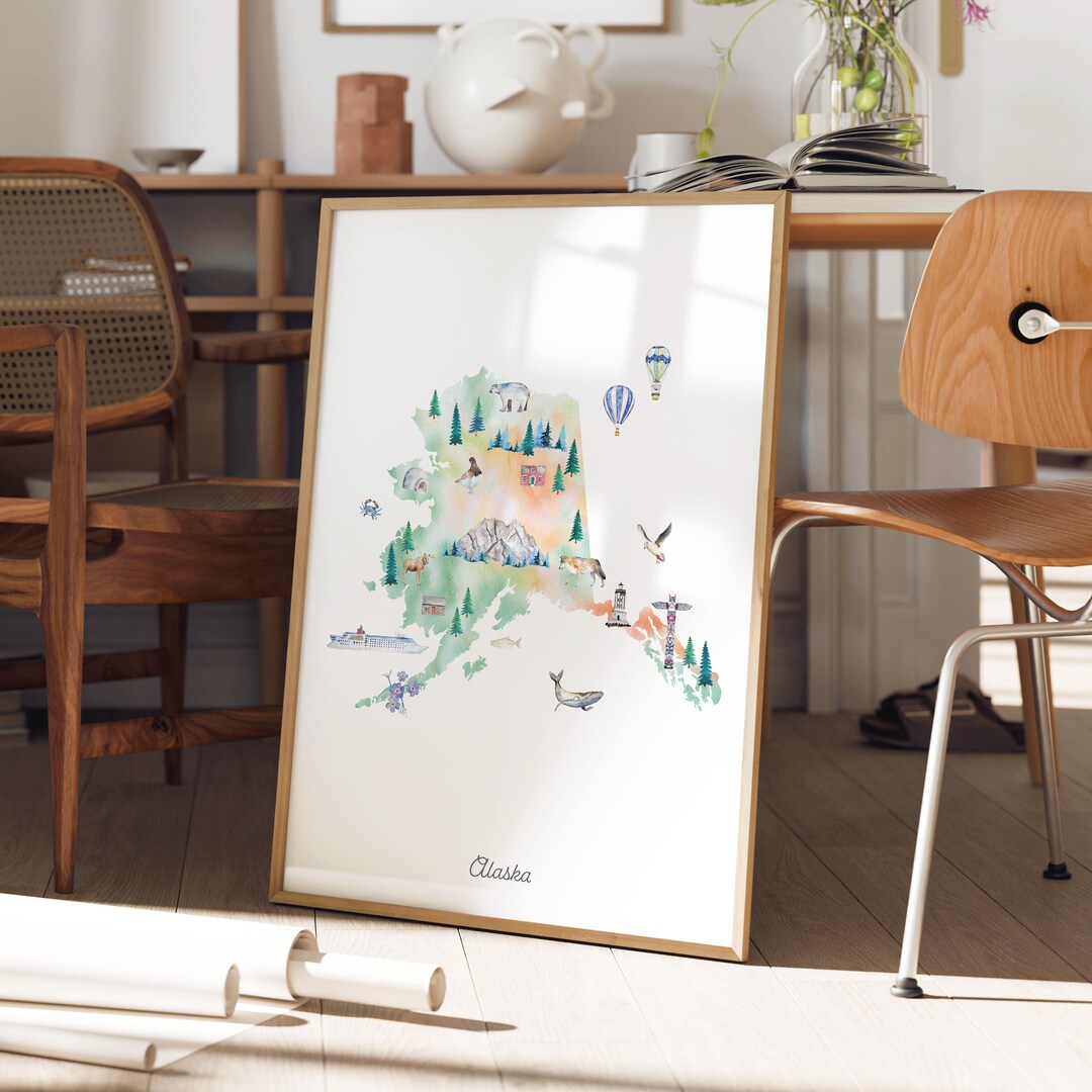 Alaska Illustrated State Map, Wall Art Print, Nursery Decor, Nursery ...