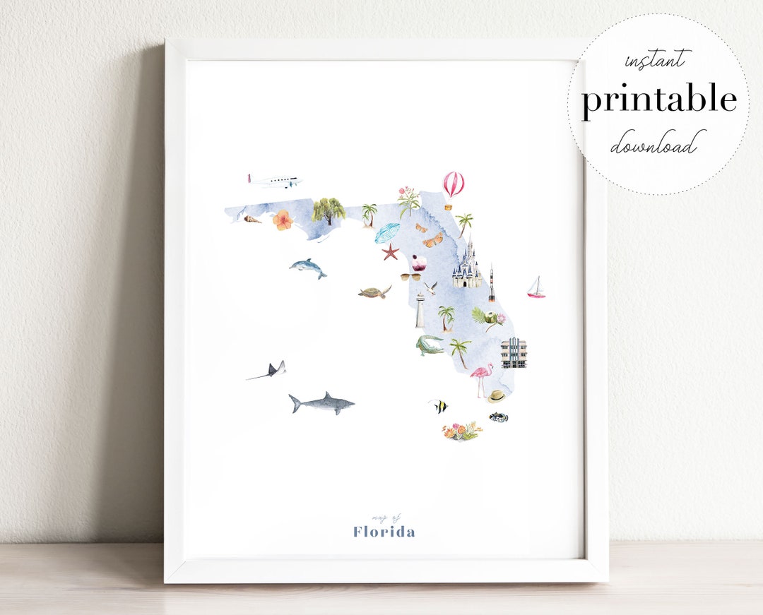 Florida Printable State Map, Illustrated Wall Art Print, Nursery Decor ...