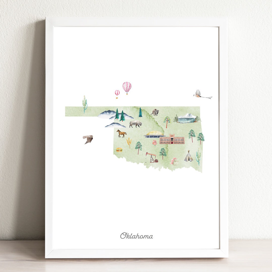 Oklahoma Illustrated State Map, Wall Art Print, Nursery Decor, Nursery ...