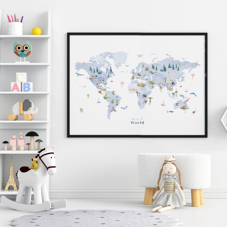 Illustrated World Map Printable Wall Art Print Nursery | Etsy