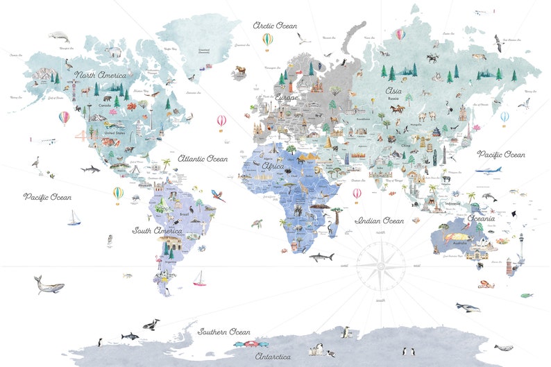 Educational World Map Print With Countries, Borders, and Landmarks | Cool Tones World Map ...