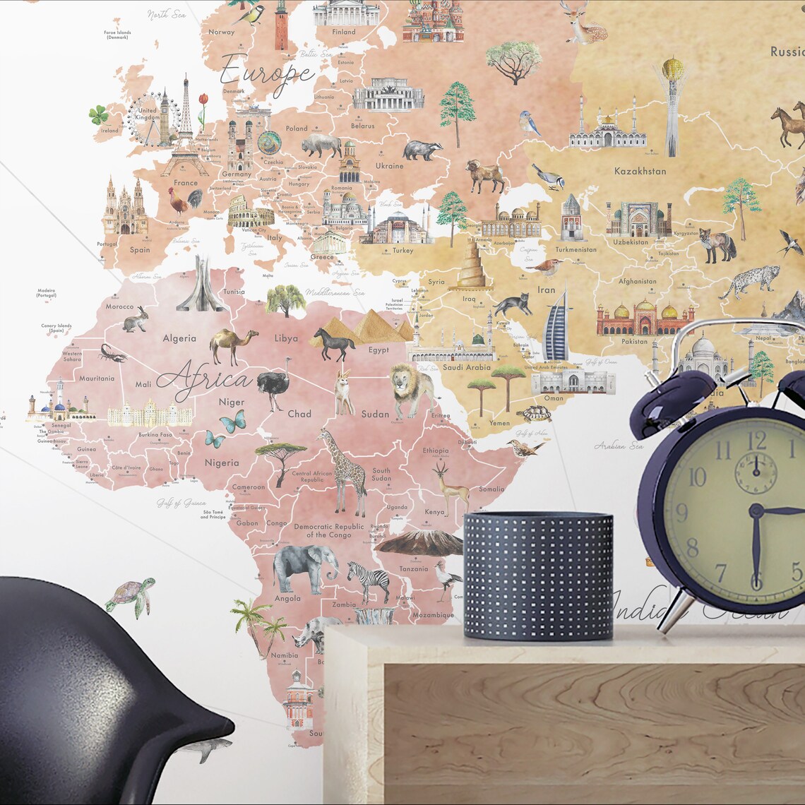 Colorful Educational World Map Wall Decal Playful Nursery | Etsy UK