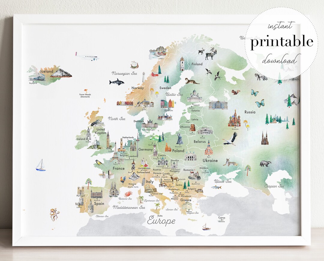 Europe Illustrated Map Printable, Wall Art Print, Nursery Decor ...