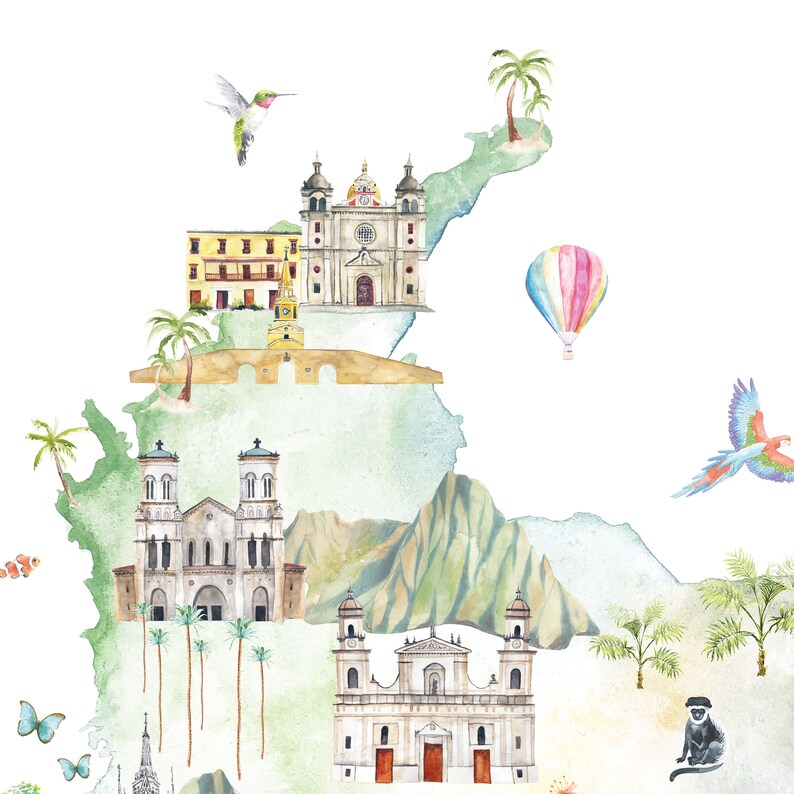 Colombia Map Art Print Illustrated Watercolor Decor Country | Etsy UK