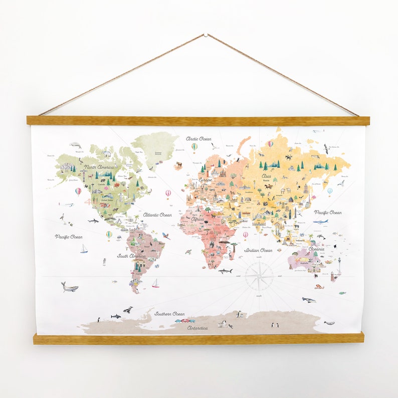 Educational World Map Hanging Canvas With Countries, Borders, and ...
