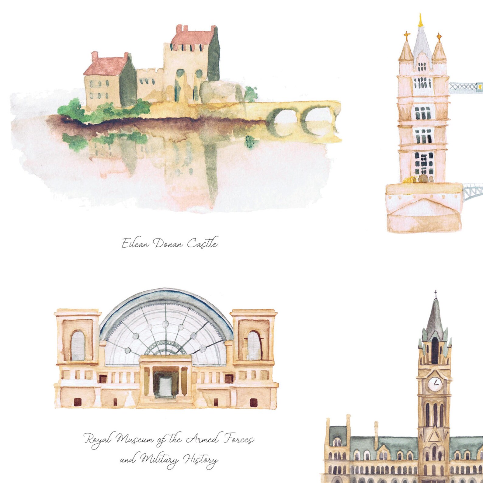 United Kingdom Landmarks Art Print Illustrated Watercolor - Etsy
