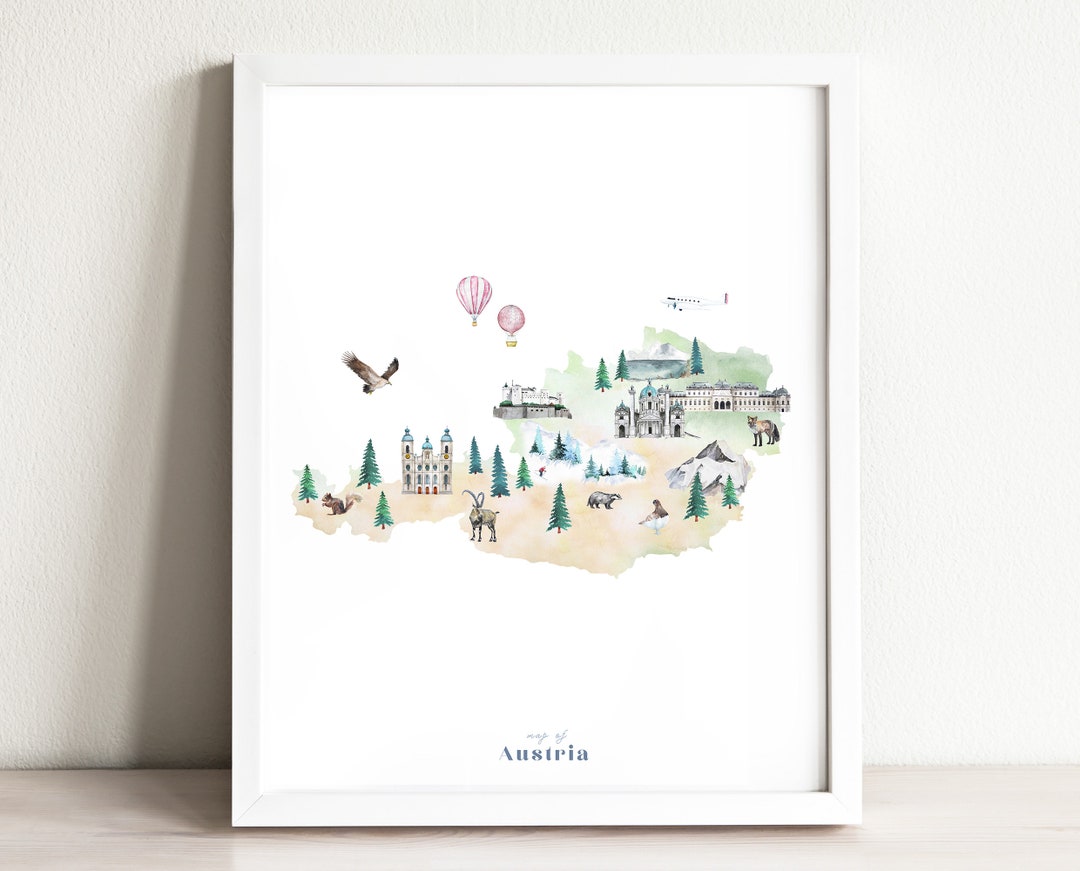 Austria Illustrated Map Art Print Austria Travel Decor Print - Etsy