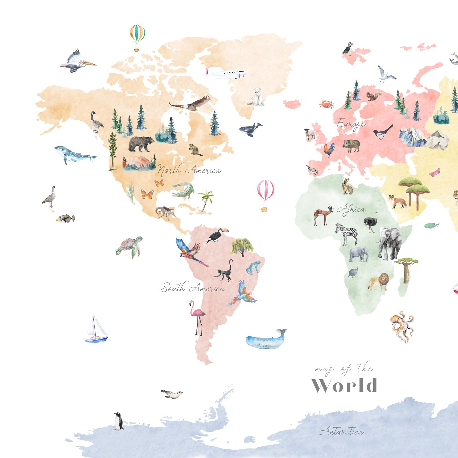 Colorful Animal World Map Printable Nusery Art Print Kids | Etsy