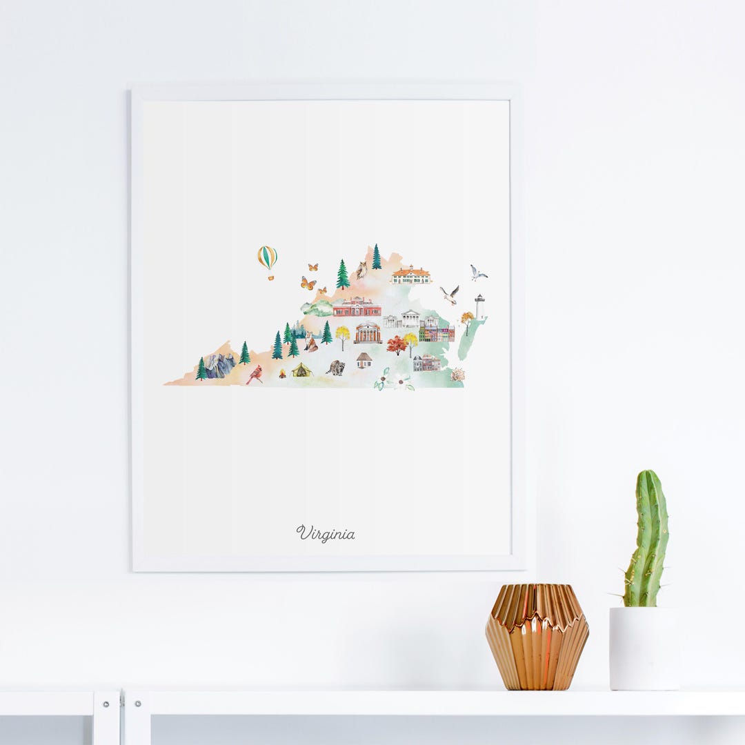 Virginia Illustrated State Map, Wall Art Print, Nursery Decor, Nursery ...