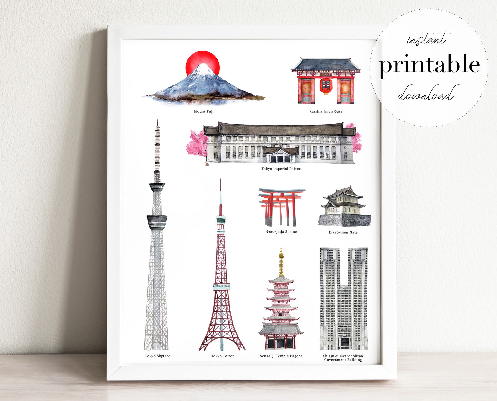 Tokyo Landmarks Printable Illustration Wall Art Print | Etsy