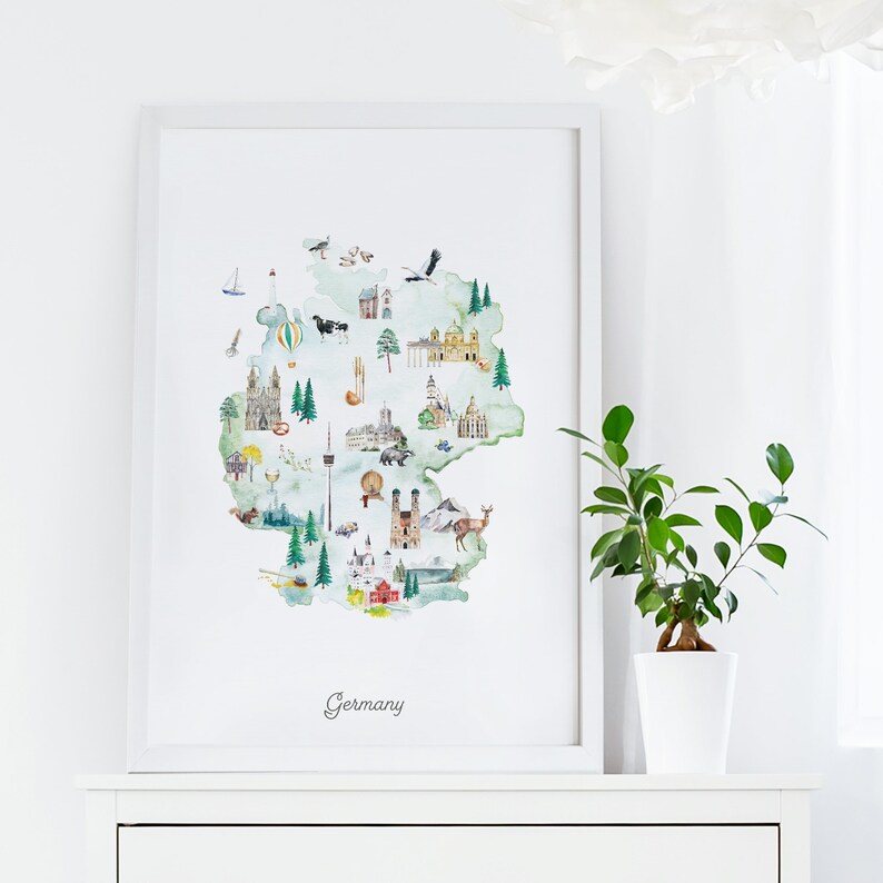Germany Map Art Print: Watercolor Illustrated Country Map - Etsy