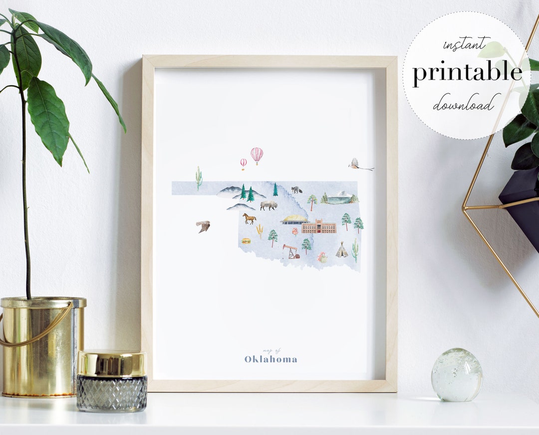Oklahoma Printable State Map, Illustrated Wall Art Print, Nursery Decor ...