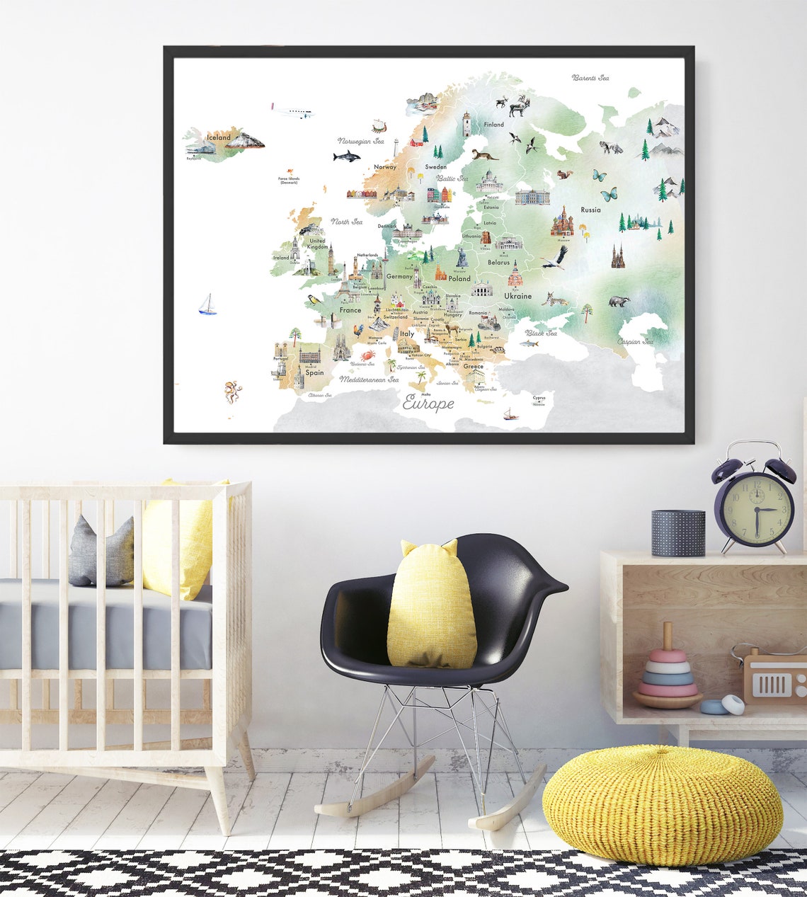Europe Illustrated Map Printable Wall Art Print Nursery - Etsy