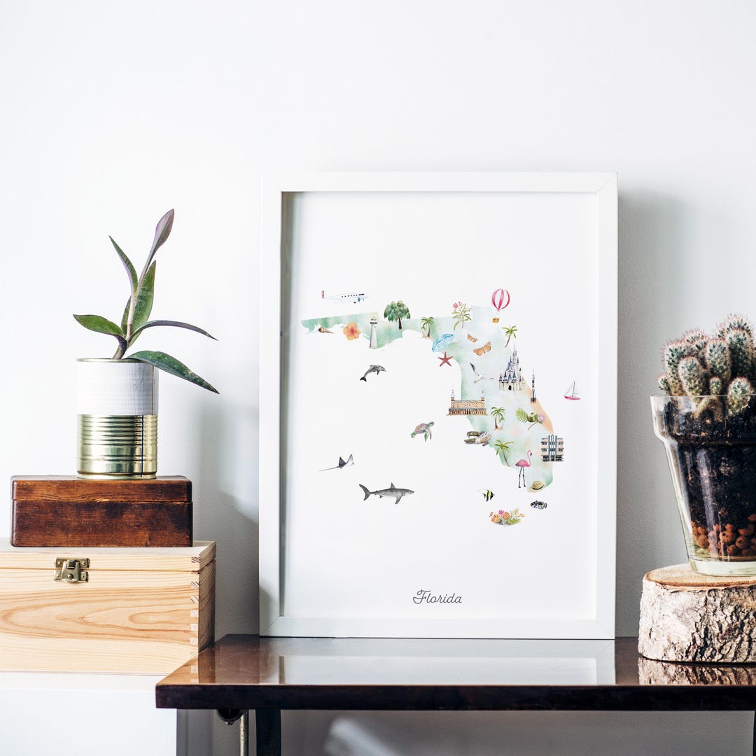 Florida Illustrated State Map, Wall Art Print, Nursery Decor, Nursery ...