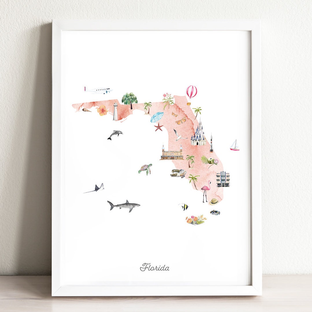 Florida Illustrated State Map, Wall Art Print, Nursery Decor, Nursery ...