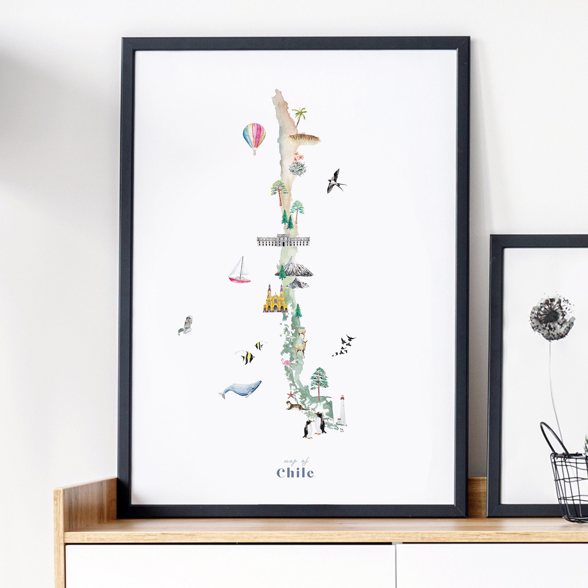 Chile Map Art Print Illustrated Home Decor Travel Poster | Etsy