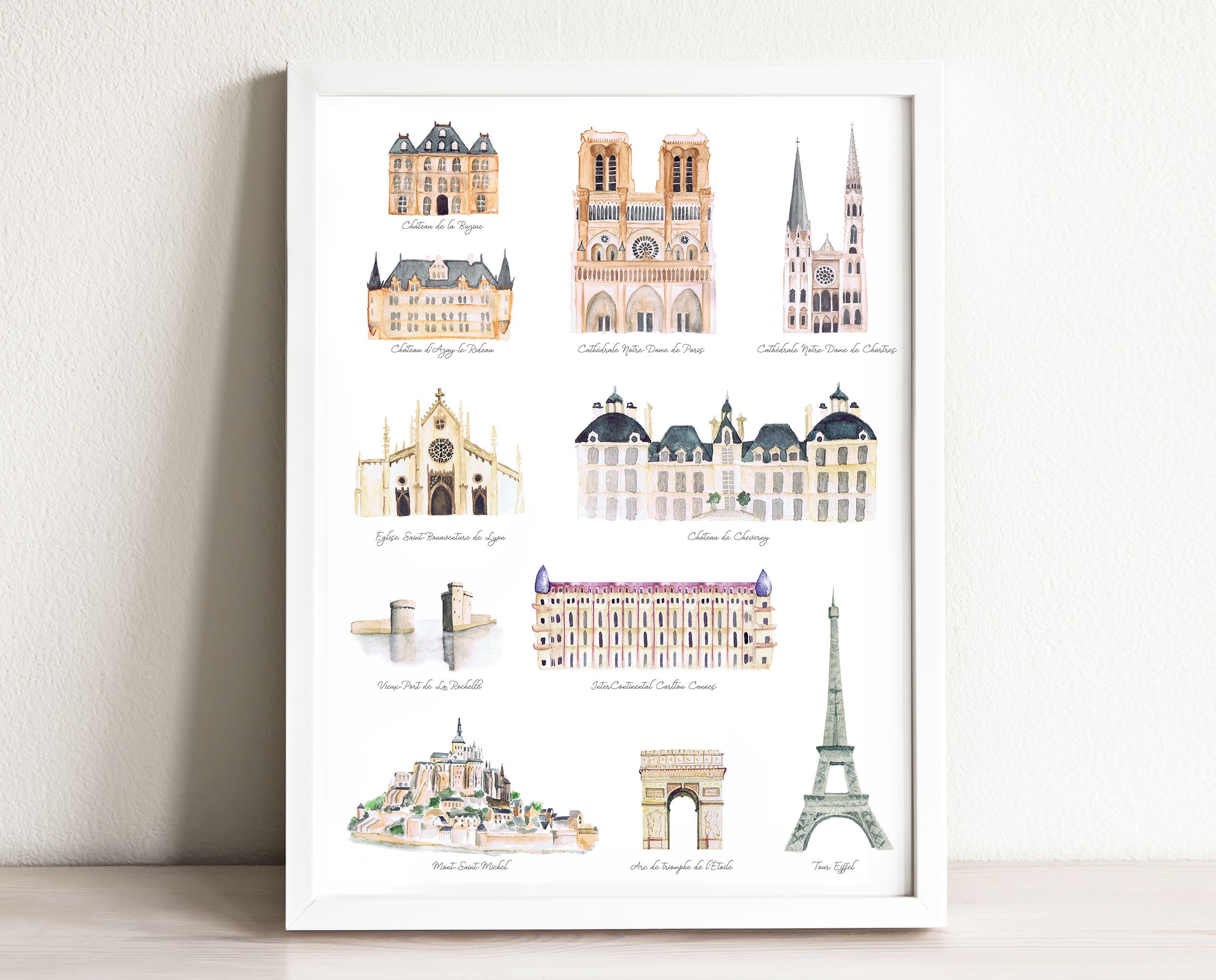 France Landmarks Art Print Illustrated watercolor nursery | Etsy