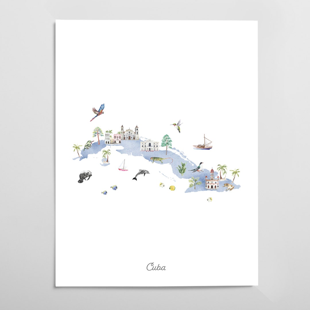 Cuba Map Art Print Illustrated, Home Decor, Travel Poster, Nursery Art ...