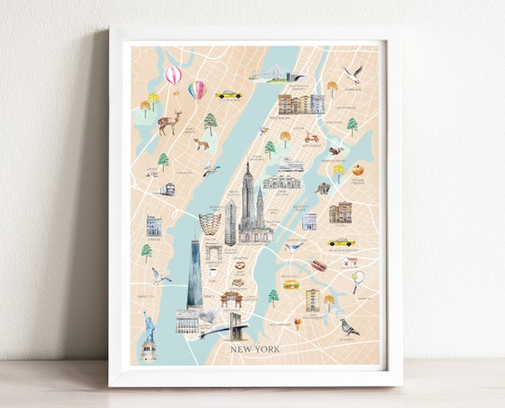 New York City Map Art Print Watercolor City Map Travel | Etsy