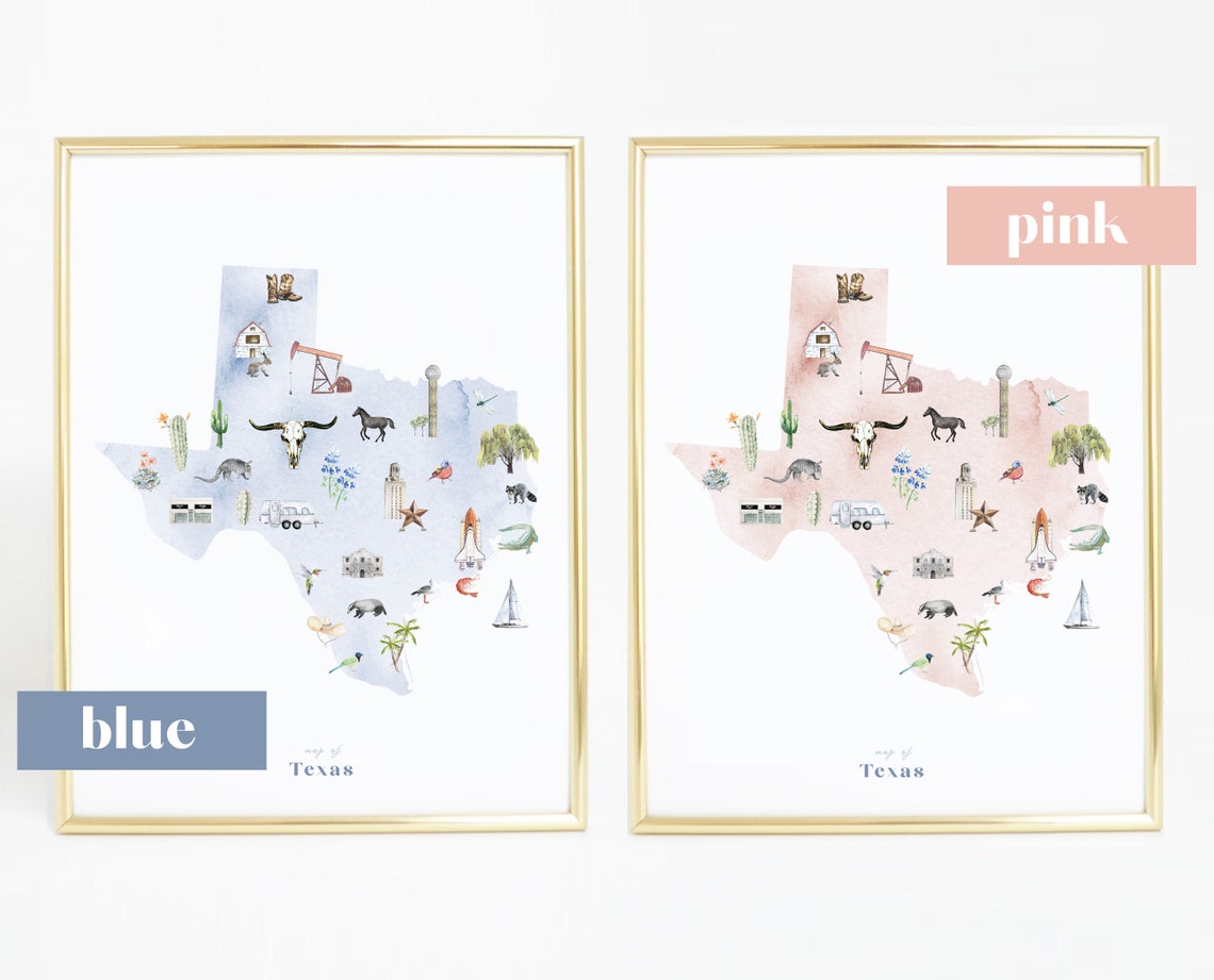 Texas Printable State Map illustrated wall art print nursery | Etsy