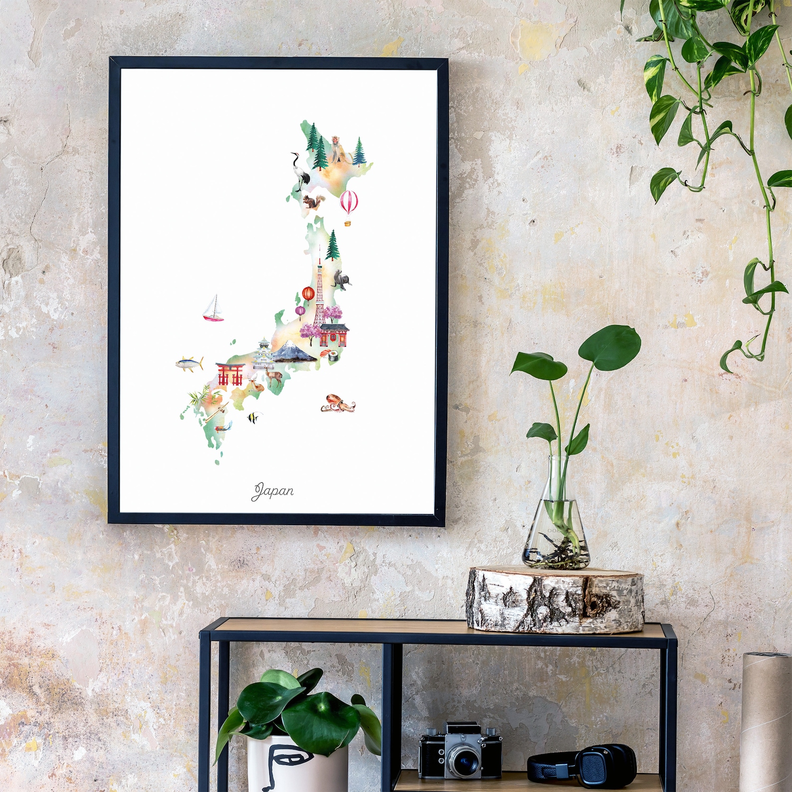 Japan Map Art Print: Watercolor Landmarks, Travel Decor (digital ...