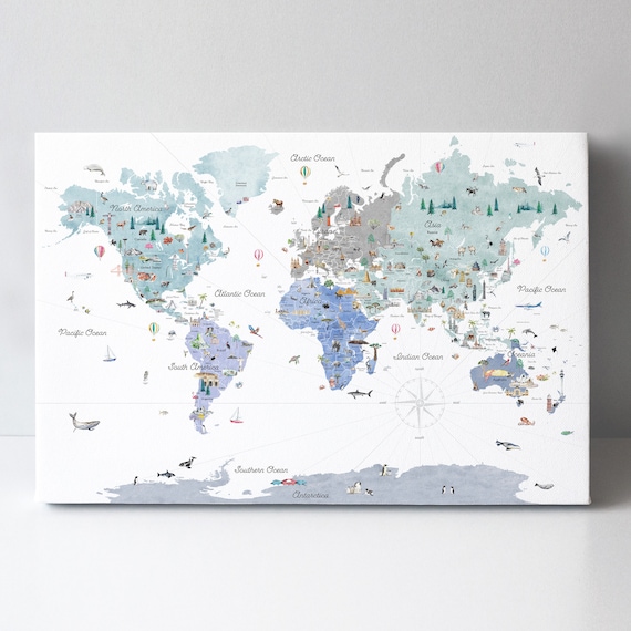Canvas Cool Tones Educational World Map Travel Wall Art | Etsy