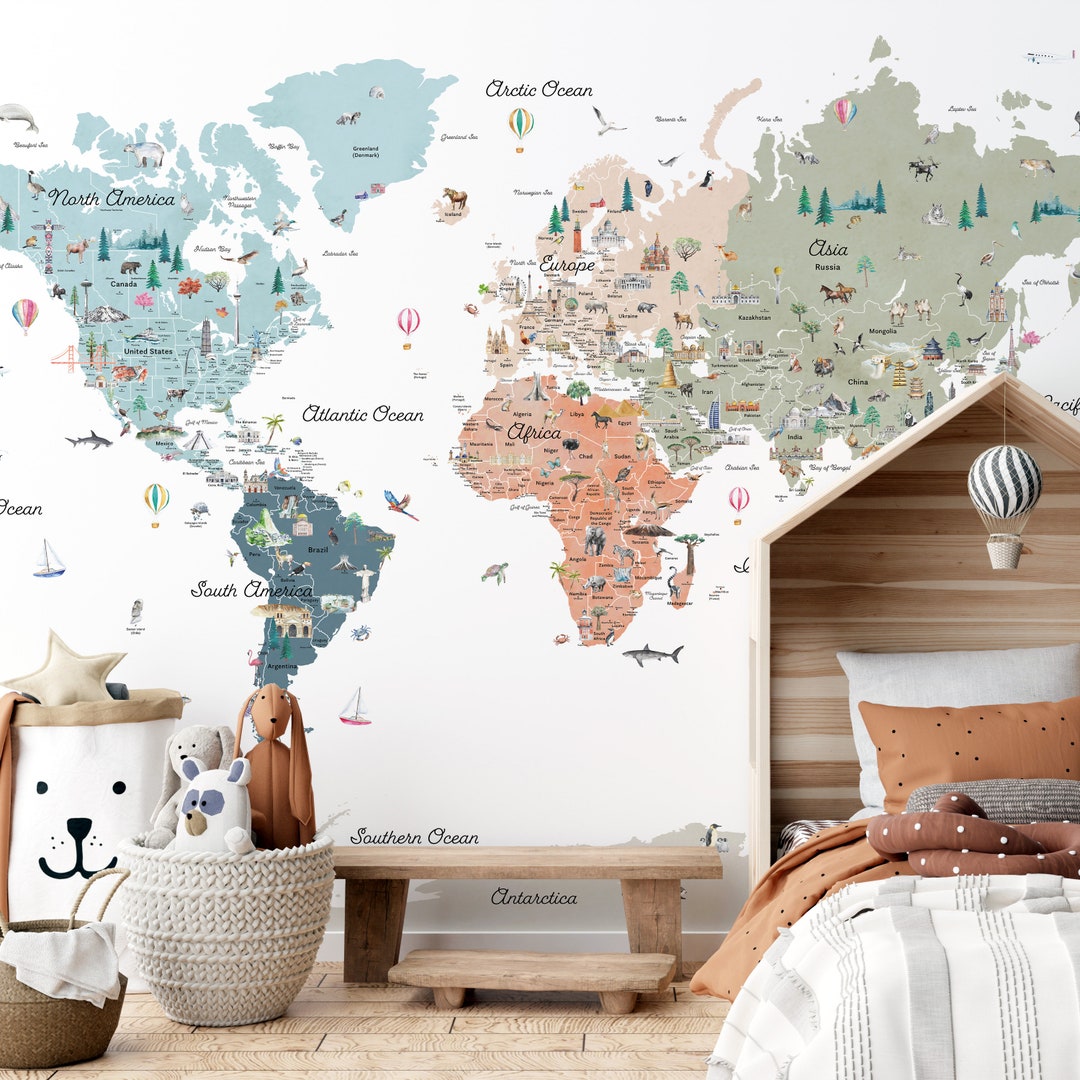 Scandinavian Neutrals Educational World Map Wall Decal | Playful ...