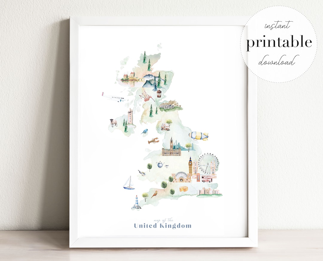 United Kingdom Illustrated Map Printable Wall Art Print - Etsy
