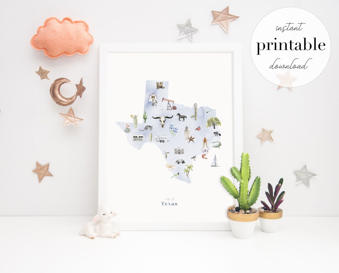 Texas Printable State Map, Illustrated Wall Art Print, Nursery Decor ...