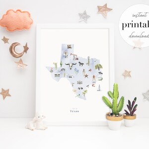 Texas Printable State Map, Illustrated Wall Art Print, Nursery Decor ...