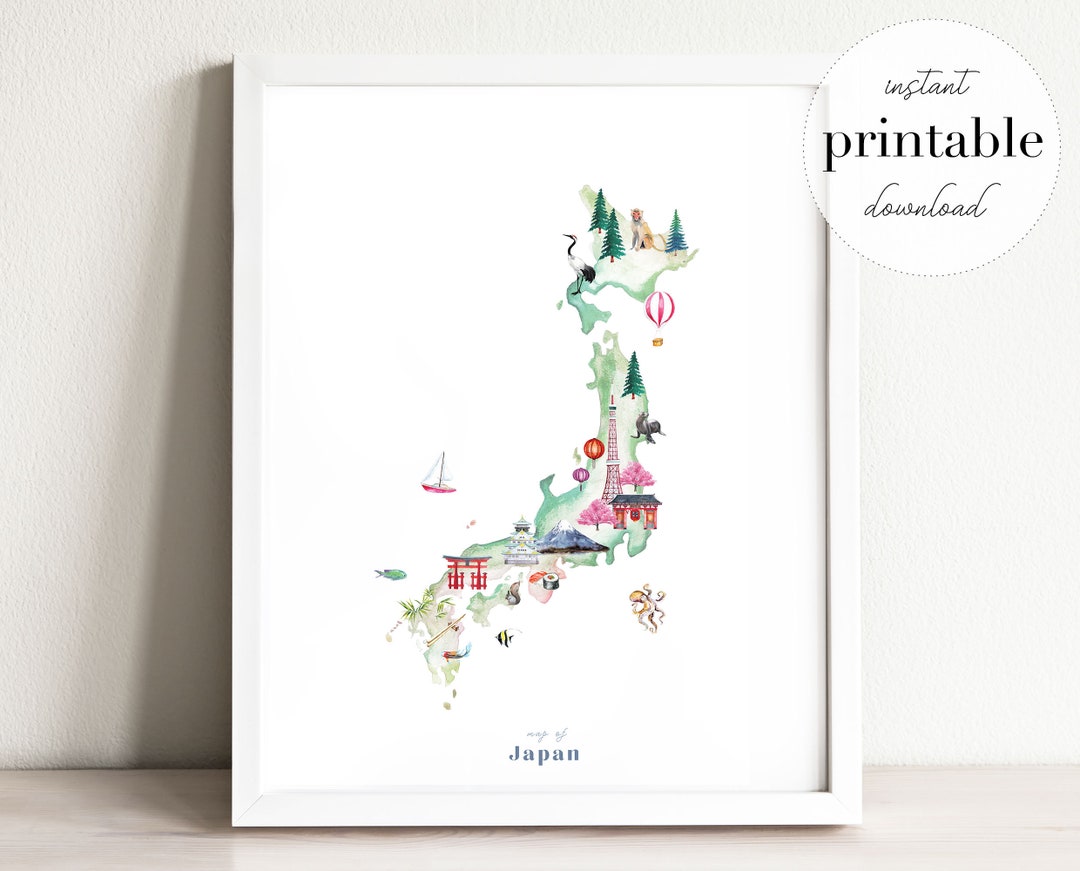 Japan Illustrated Map Printable Wall Art Print Nursery - Etsy