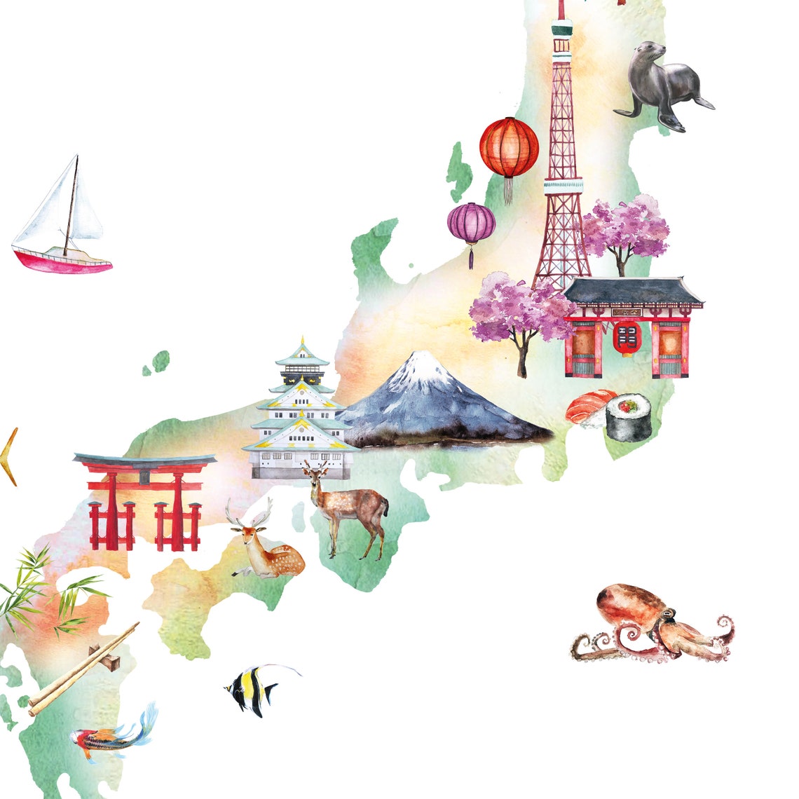 Japan Map Art Print: Watercolor Landmarks, Travel Decor (digital ...