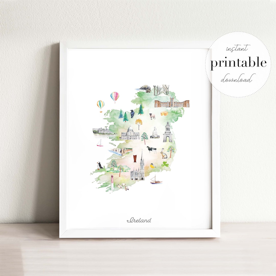 Ireland Illustrated Map Print: Watercolor Landmark Art (digital ...