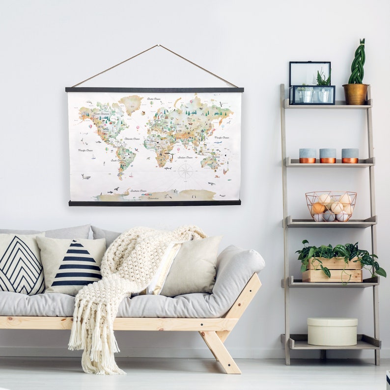 Educational World Map Hanging Canvas With Countries, Borders, and ...