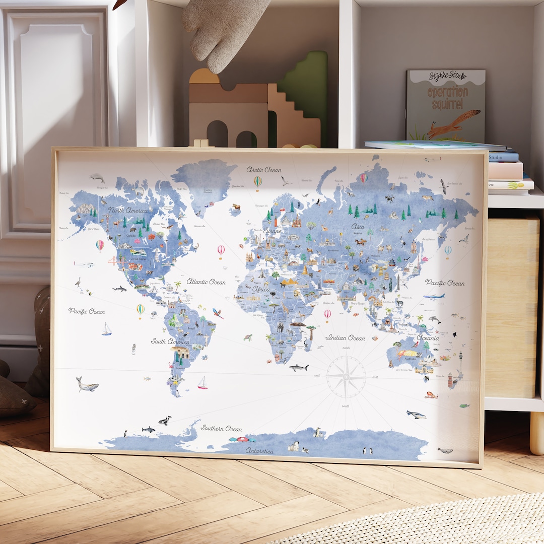 Blue Educational World Map Printable | Kids World Map | Nursery World ...