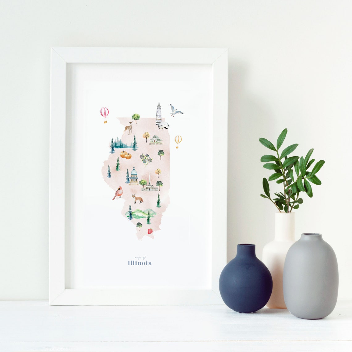 Illinois Illustrated State Map Wall Art Print Nursery Decor - Etsy